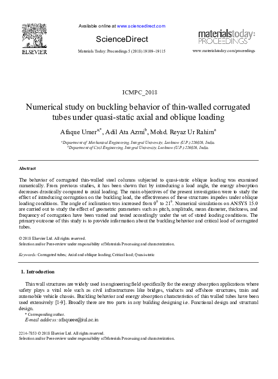 (PDF) Numerical study on buckling behavior of thin-walled corrugated tubes under quasi-static ...