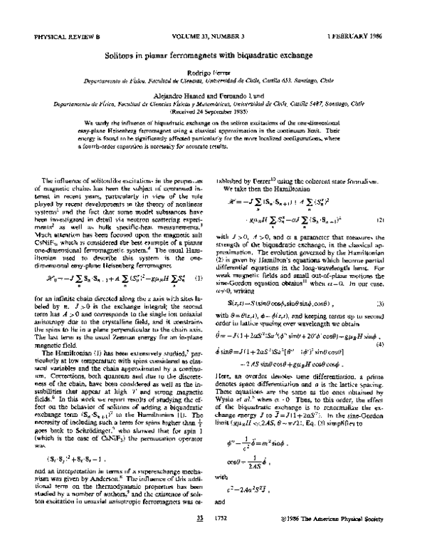 (PDF) Solitons in planar ferromagnets with biquadratic exchange