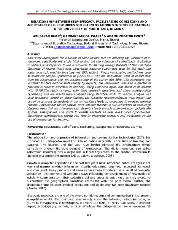 (PDF) RELATIONSHIP BETWEEN SELF-EFFICACY, FACILITATING CONDITIONS AND ...