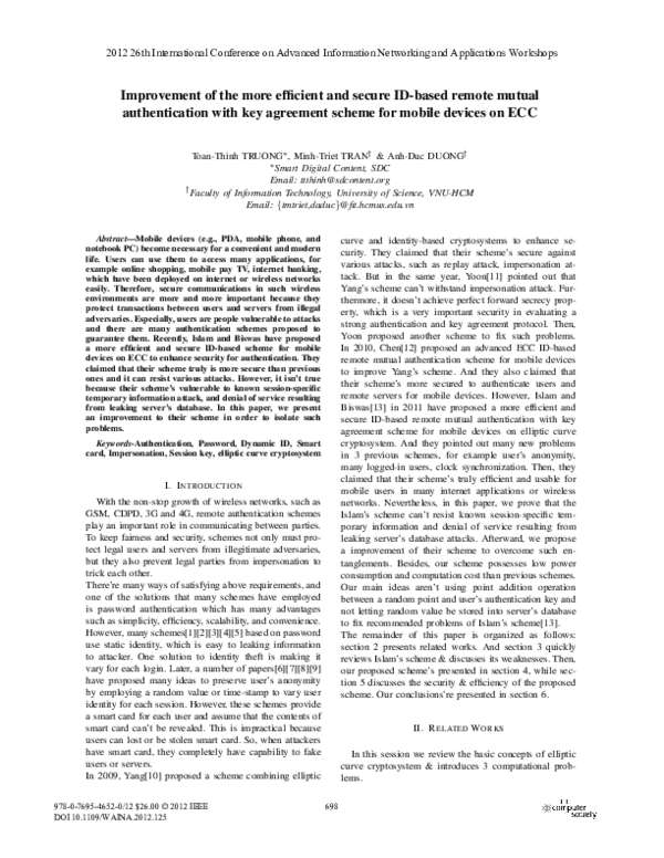 Pdf Improvement Of The More Efficient And Secure Id Based Remote Mutual Authentication With