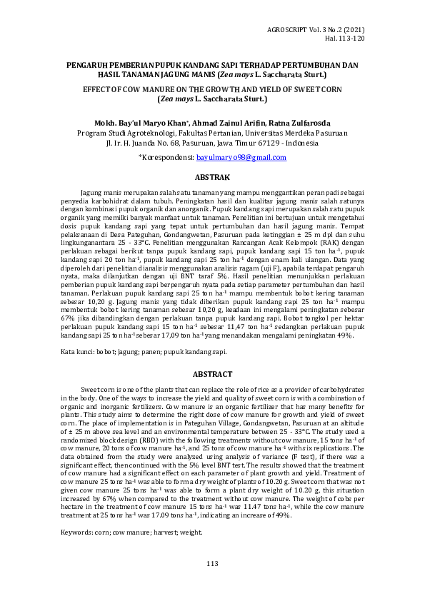 (PDF) Pengaruh Pemberian Pupuk Kandang Sapi terhadap Pertumbuhan dan Hasil Tanaman Jagung Manis ...