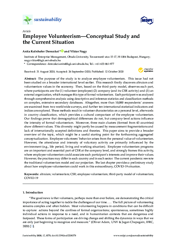 (PDF) Employee Volunteerism—Conceptual Study and the Current Situation