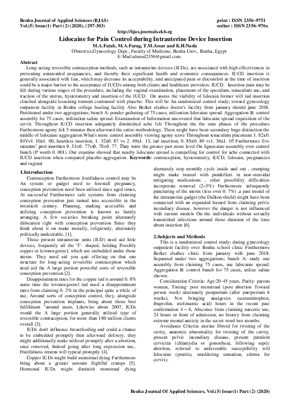 (PDF) Lidocaine for pain control during intrauterine device insertion ...