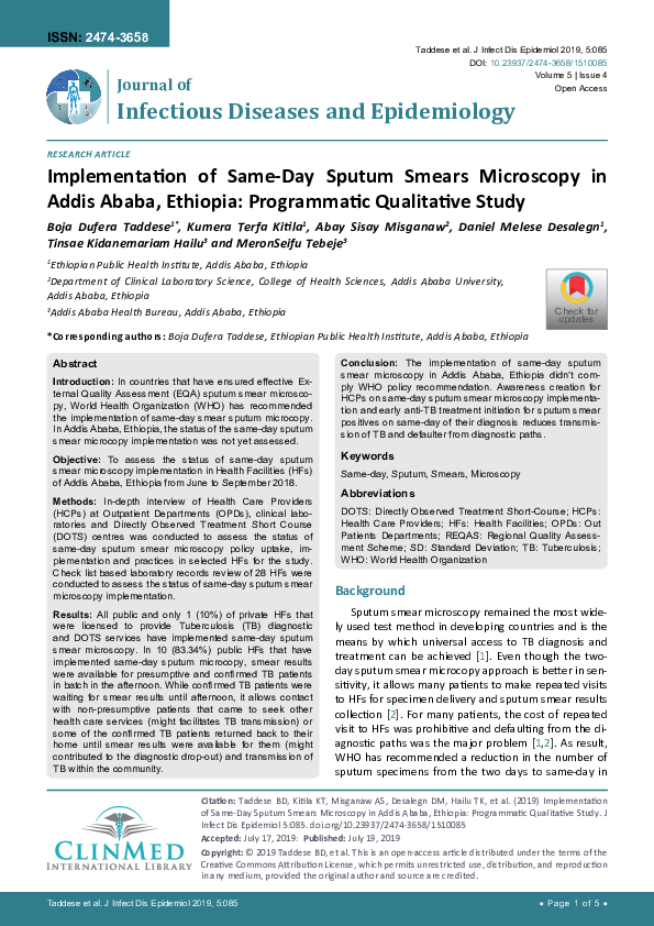 (PDF) Implementation of Same-Day Sputum Smears Microscopy in Addis ...