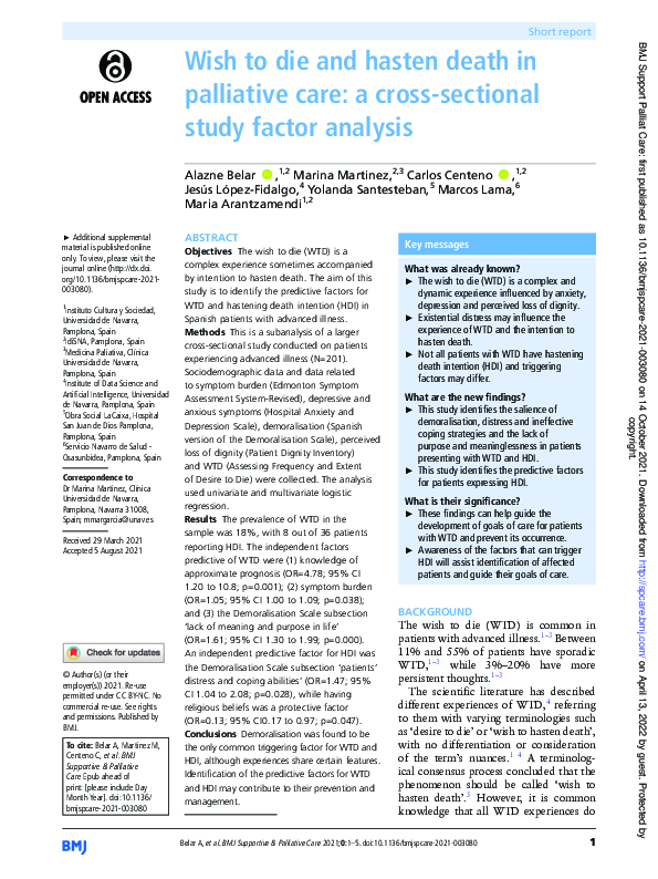 (PDF) Wish to die and hasten death in palliative care: a cross-sectional study factor analysis