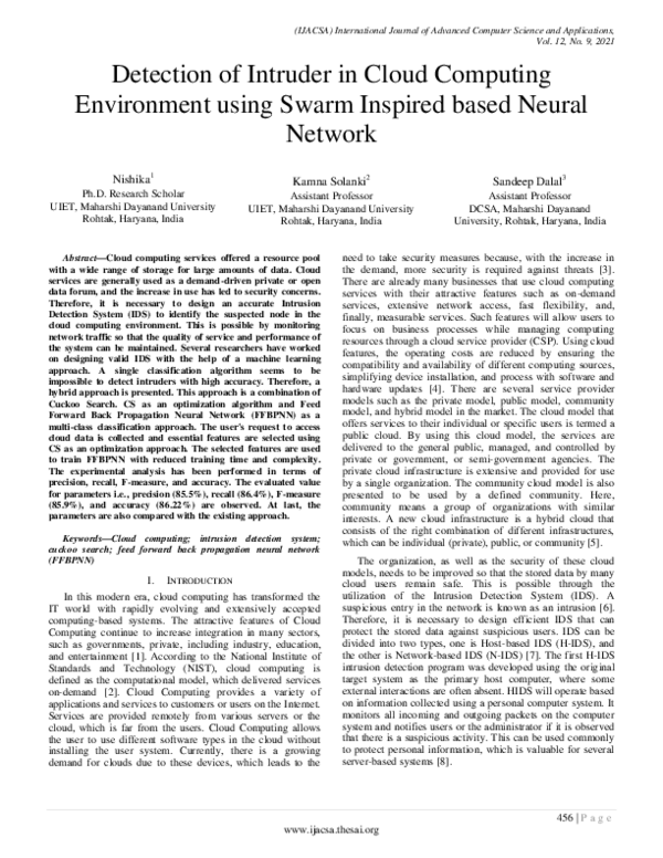 (PDF) Detection of Intruder in Cloud Computing Environment using Swarm Inspired based Neural Network