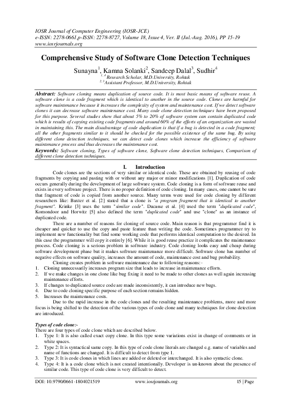 (PDF) Comprehensive Study of Software Clone Detection Techniques | Sandeep Dalal - Academia.edu