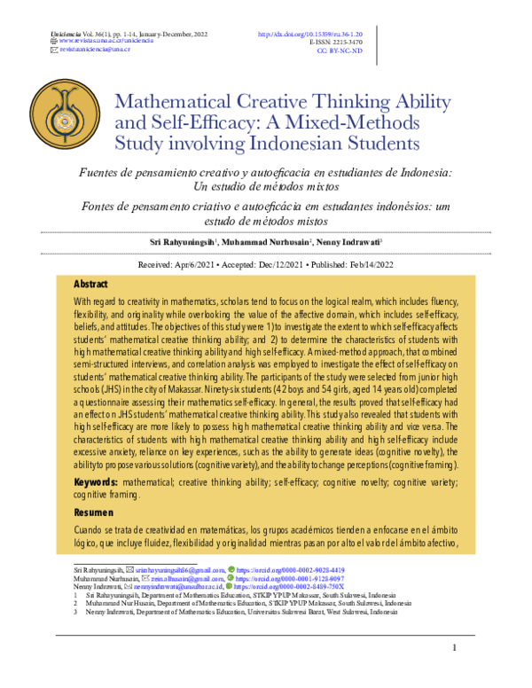 (PDF) 2022, 36(1) - Mathematical Creative Thinking Ability and Self ...
