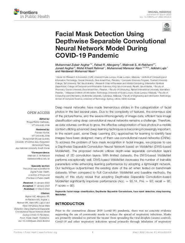 (PDF) Facial Mask Detection Using Depthwise Separable Convolutional Neural Network Model During ...