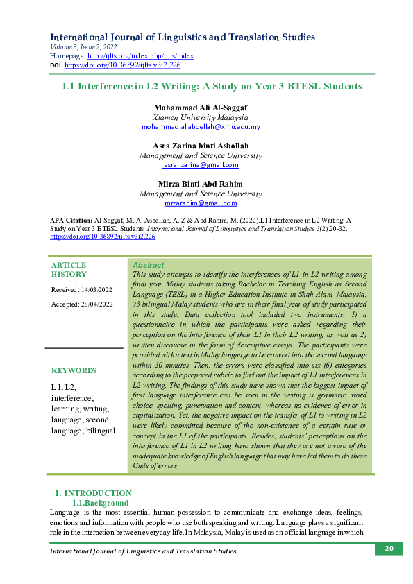 (PDF) L1 Interference in L2 Writing: A Study on Year 3 Btesl Students ...