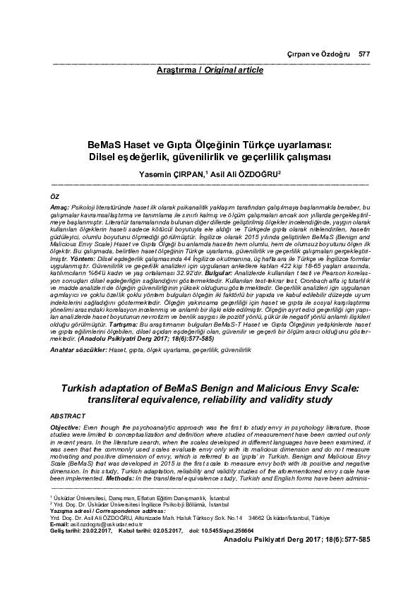 (PDF) Turkish adaptation of BeMaS Benign and Malicious Envy Scale ...