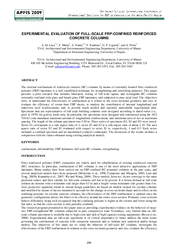 Pdf Experimental Evaluation Of Full Scale Frp Confined Reinforced Concrete Columns