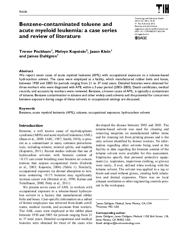 (PDF) Benzene-contaminated toluene and acute myeloid leukemia: a case ...