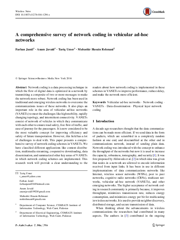 (PDF) A comprehensive survey of network coding in vehicular ad-hoc networks | Dr. Tariq Umer ...