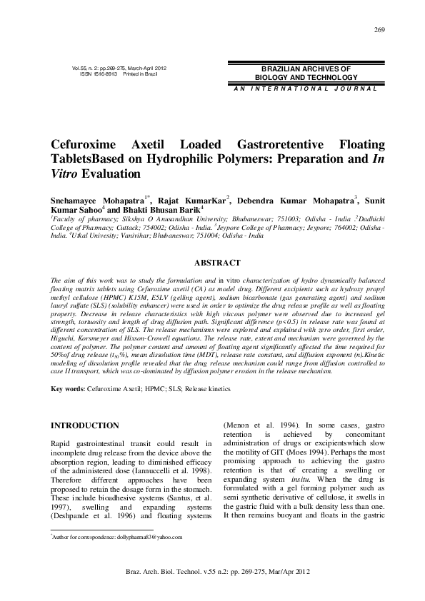 (PDF) Cefuroxime Axetil Floating Tablets: Formulation and Evaluation