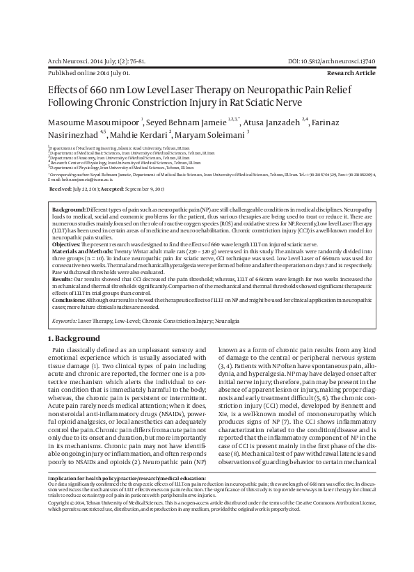 (PDF) Effects of 660 nm Low Level Laser Therapy on Neuropathic Pain Relief Following Chronic ...