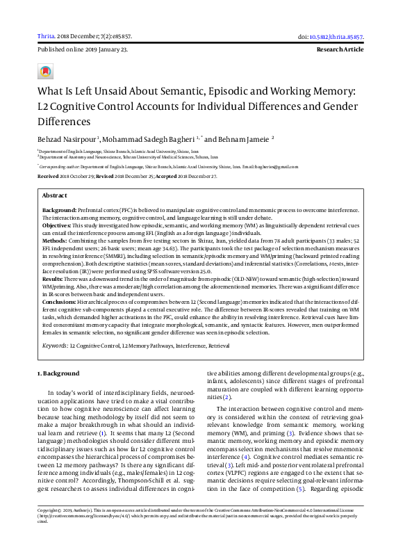 (PDF) What Is Left Unsaid About Semantic, Episodic and Working Memory: L2 Cognitive Control ...