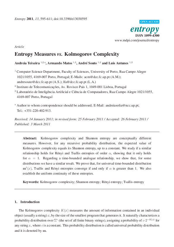 (PDF) Entropy Measures vs. Kolmogorov Complexity