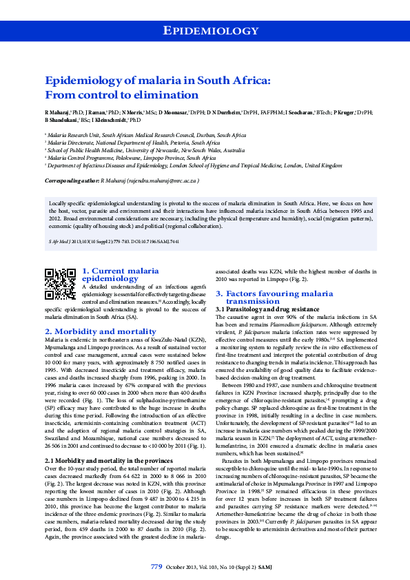 (PDF) Epidemiology of malaria in South Africa: From control to elimination