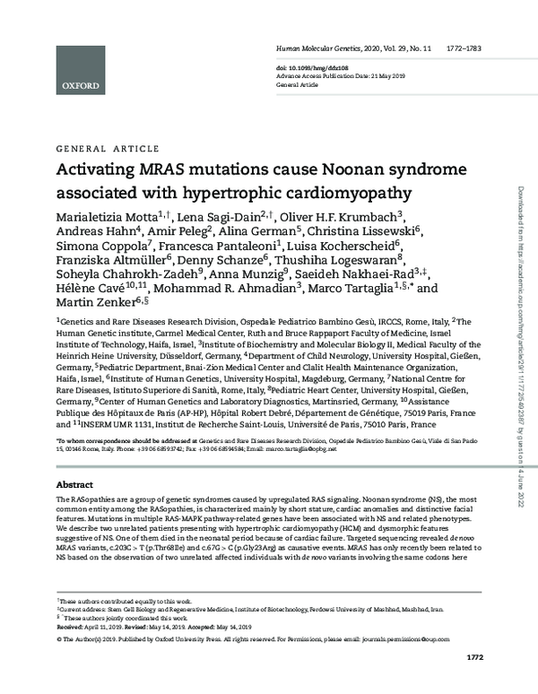 (PDF) Activating MRAS mutations cause Noonan syndrome associated with ...