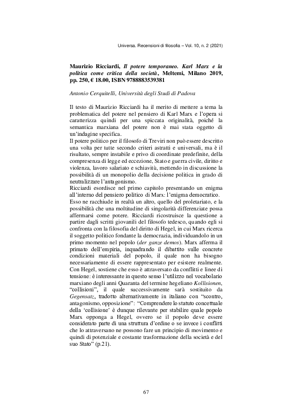 (PDF) Recensione a Maurizio Ricciardi: il potere temporaneo. Karl Marx ...