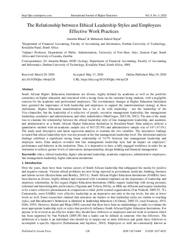 (PDF) The Relationship between Ethical Leadership Styles and Employees Effective Work Practices