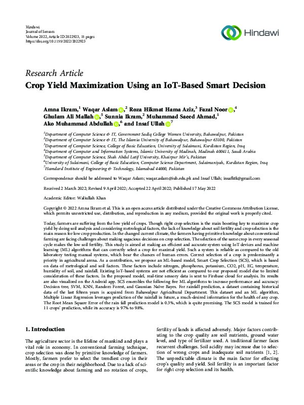 Pdf Crop Yield Maximization Using An Iot Based Smart Decision