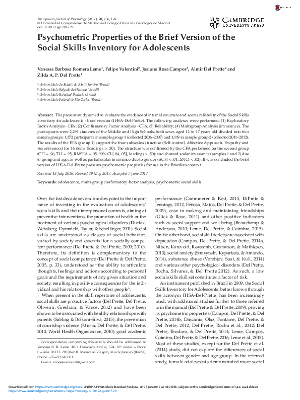PDF Psychometric Properties Of The Brief Version Of The Social Skills PDF Psychometric Properties Of The Brief Version Of The Social Skills