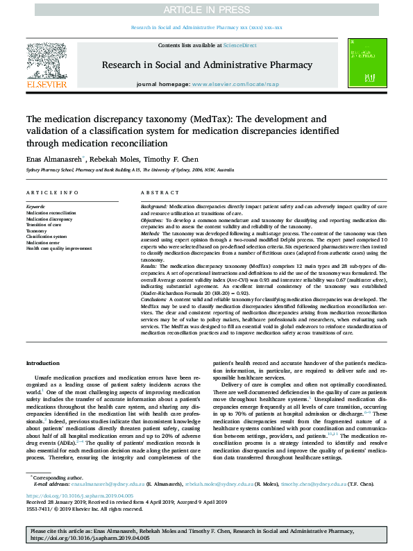 (PDF) The medication discrepancy taxonomy (MedTax): The development and ...