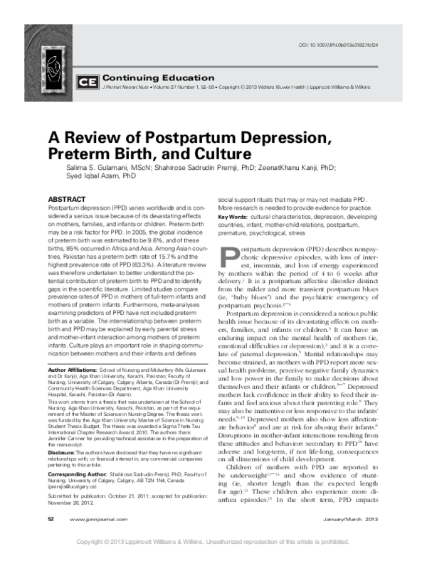 (PDF) A Review of Postpartum Depression, Preterm Birth, and Culture