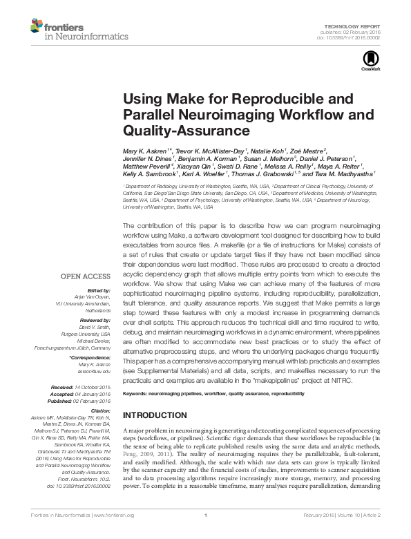 (PDF) Using Make for Reproducible and Parallel Neuroimaging Workflow and Quality-Assurance