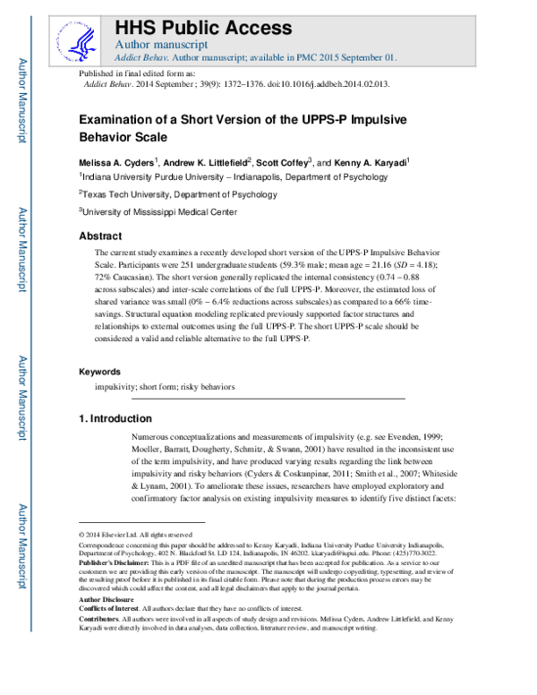 (PDF) Examination of a short English version of the UPPS-P Impulsive ...