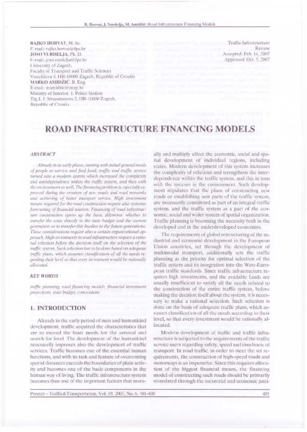 (PDF) Road Infrastructure Financing Models