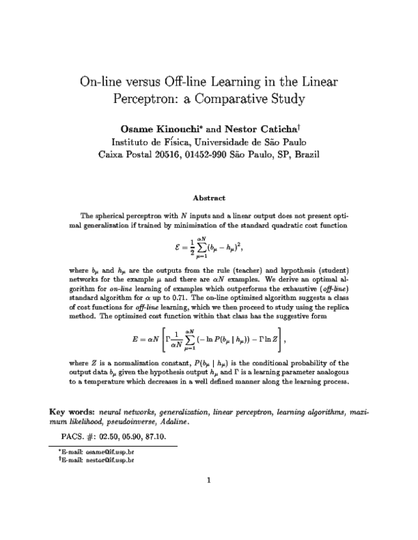 (PDF) On-line versus off-line learning in the linear perceptron: A comparative study
