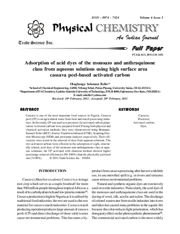 (PDF) Full Paper Adsorption of acid dyes of the monoazo and anthraquinone class from aqueous ...