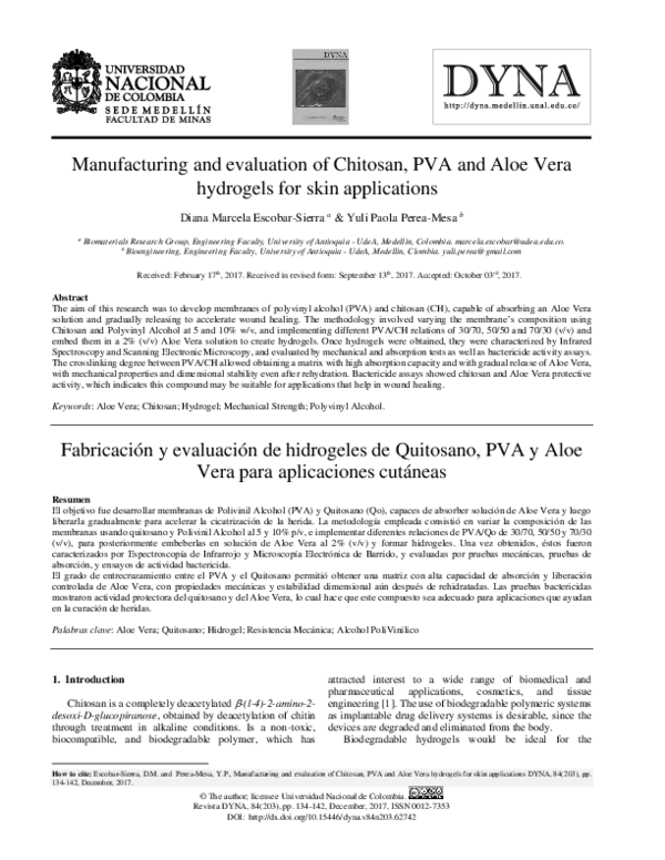 (PDF) Manufacturing and evaluation of Chitosan, PVA and Aloe Vera hydrogels for skin applications