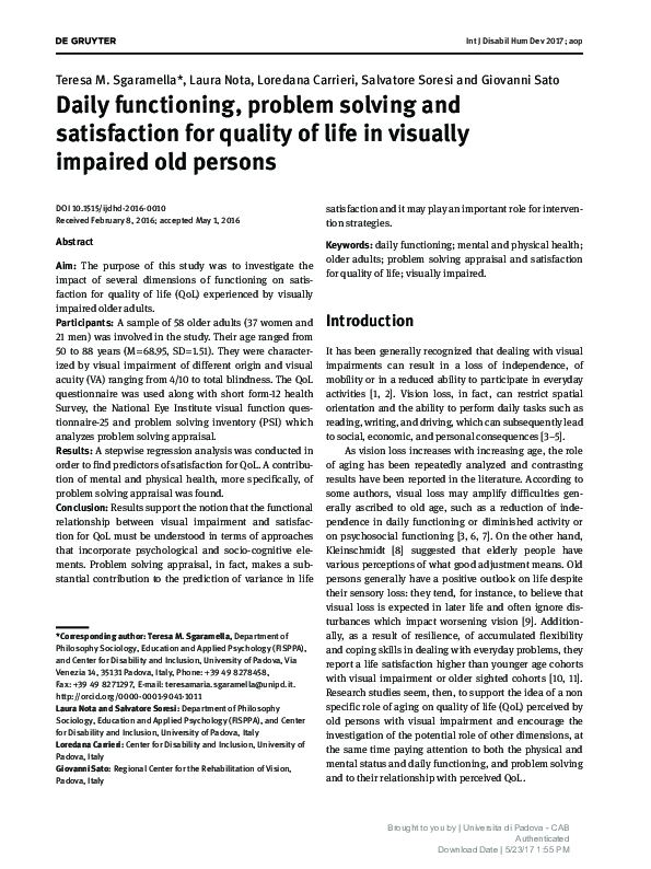 (PDF) Daily functioning, problem solving and satisfaction for quality ...