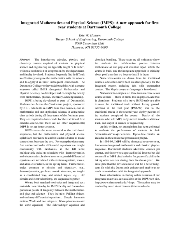 (PDF) Integrated mathematics and physical science (IMPS): a new ...