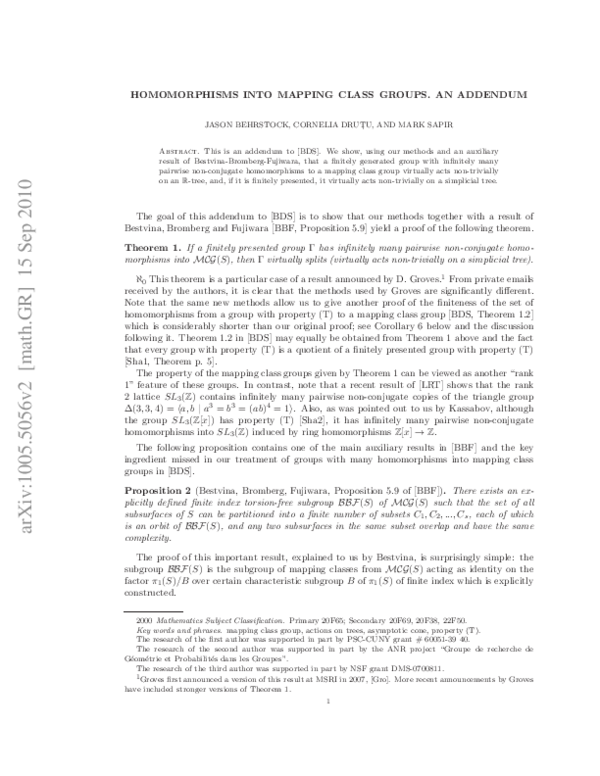 (PDF) Homomorphisms into mapping class groups. An addendum | Mark Sapir - Academia.edu