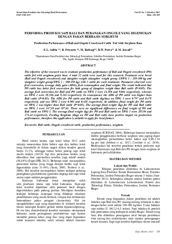 (PDF) Performa Produksi Sapi Bali Dan Peranakan Ongole Yang Digemukan ...