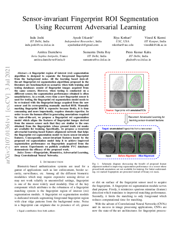 Pdf Sensor Invariant Fingerprint Roi Segmentation Using Recurrent Adversarial Learning