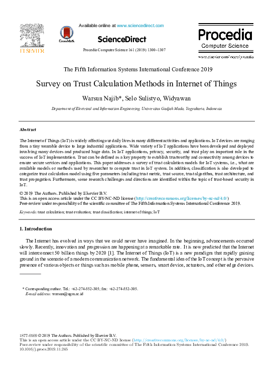 Pdf Survey On Trust Calculation Methods In Internet Of Things