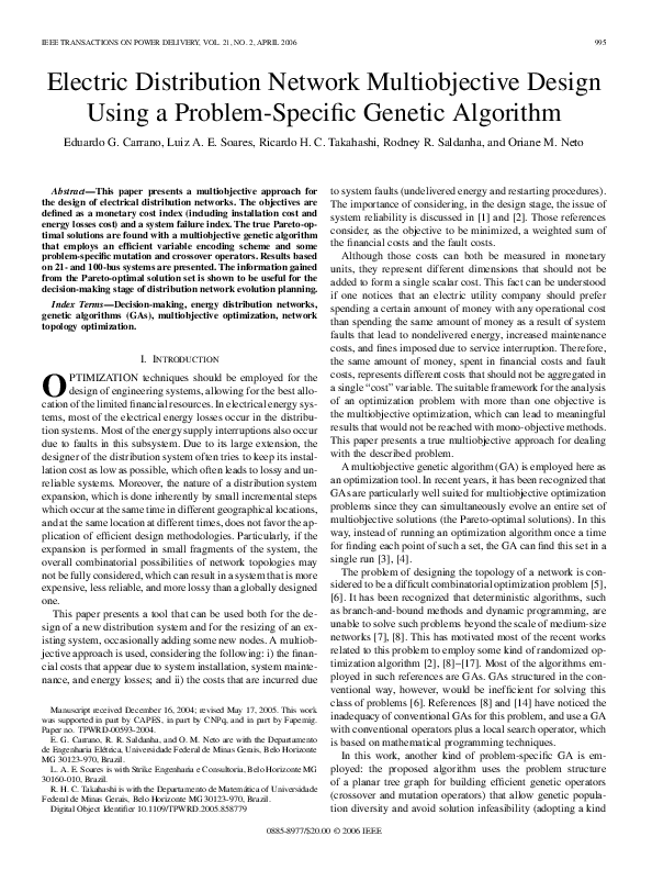 (PDF) Electric Distribution Network Multiobjective Design Using a Problem-Specific Genetic Algorithm