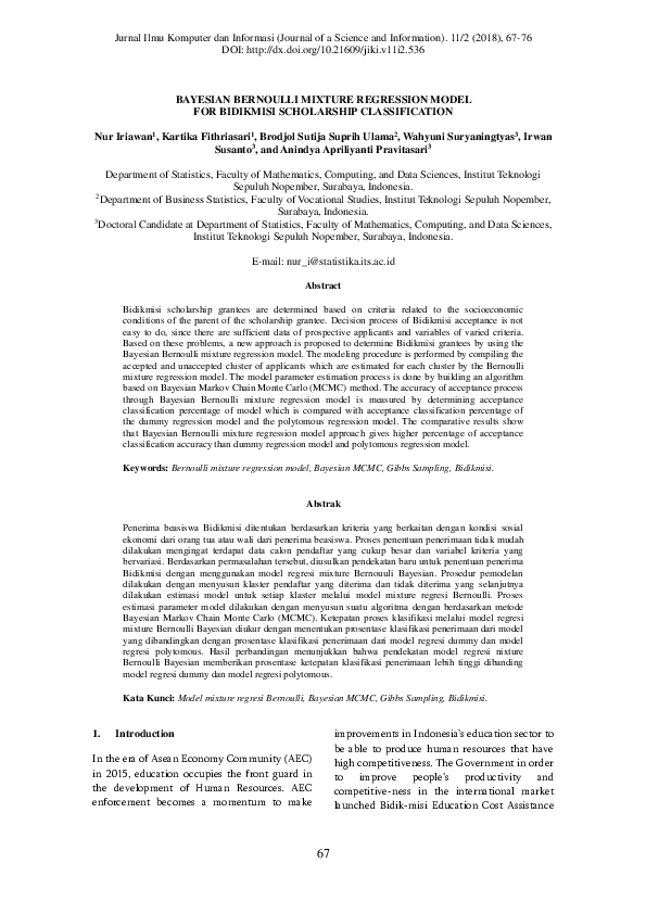 Pdf Bayesian Bernoulli Mixture Regression Model For Bidikmisi Scholarship Classification