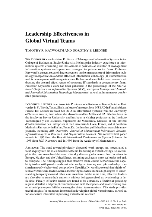(PDF) Leadership Effectiveness in Global Virtual Teams