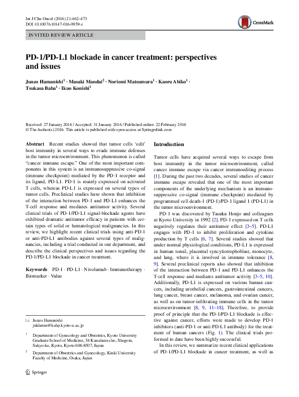 (PDF) PD-1/PD-L1 blockade in cancer treatment: perspectives and issues
