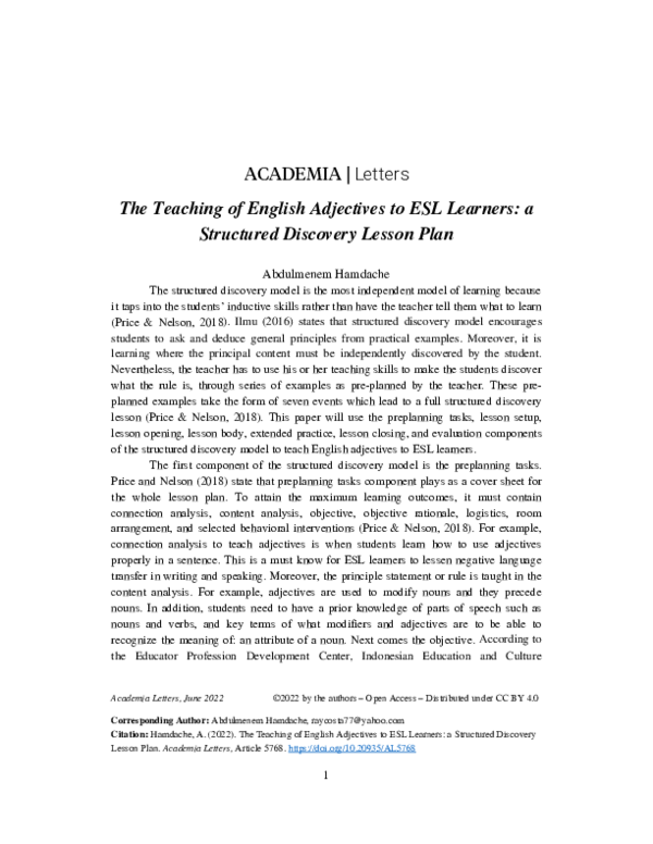 (PDF) The Teaching of English Adjectives to ESL Learners: a Structured ...
