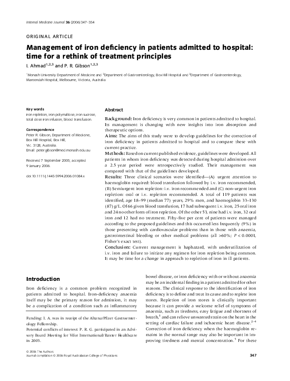 (PDF) Management of iron deficiency in patients admitted to hospital ...
