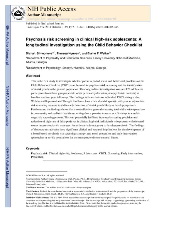 (PDF) Psychosis risk screening in clinical high-risk adolescents: A ...