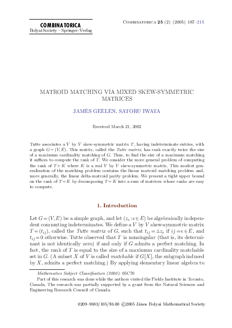 (PDF) Matroid Matching Via Mixed Skew-Symmetric Matrices